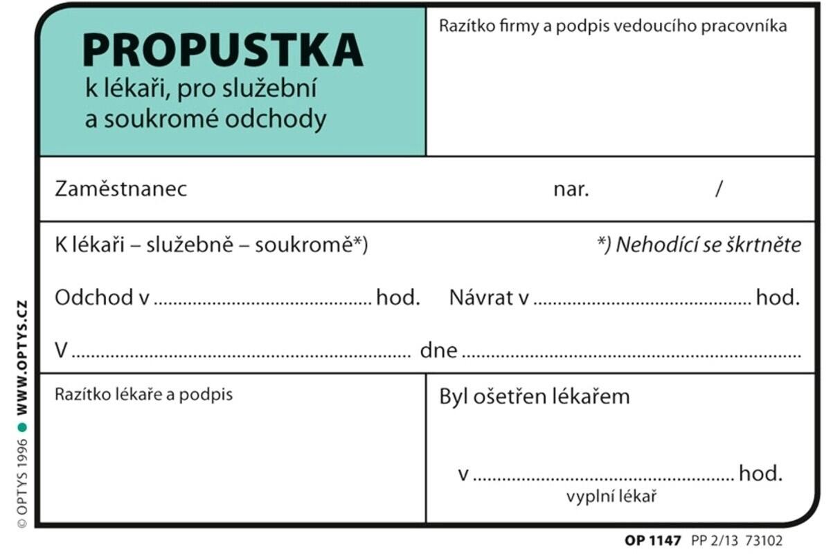 Tiskopis Propustka Optys, A7, 100 listů | SMERO.CZ